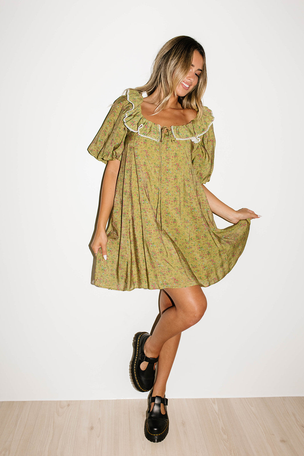 mini good luck puff sleeve dress // green floral *zoco exclusive ...
